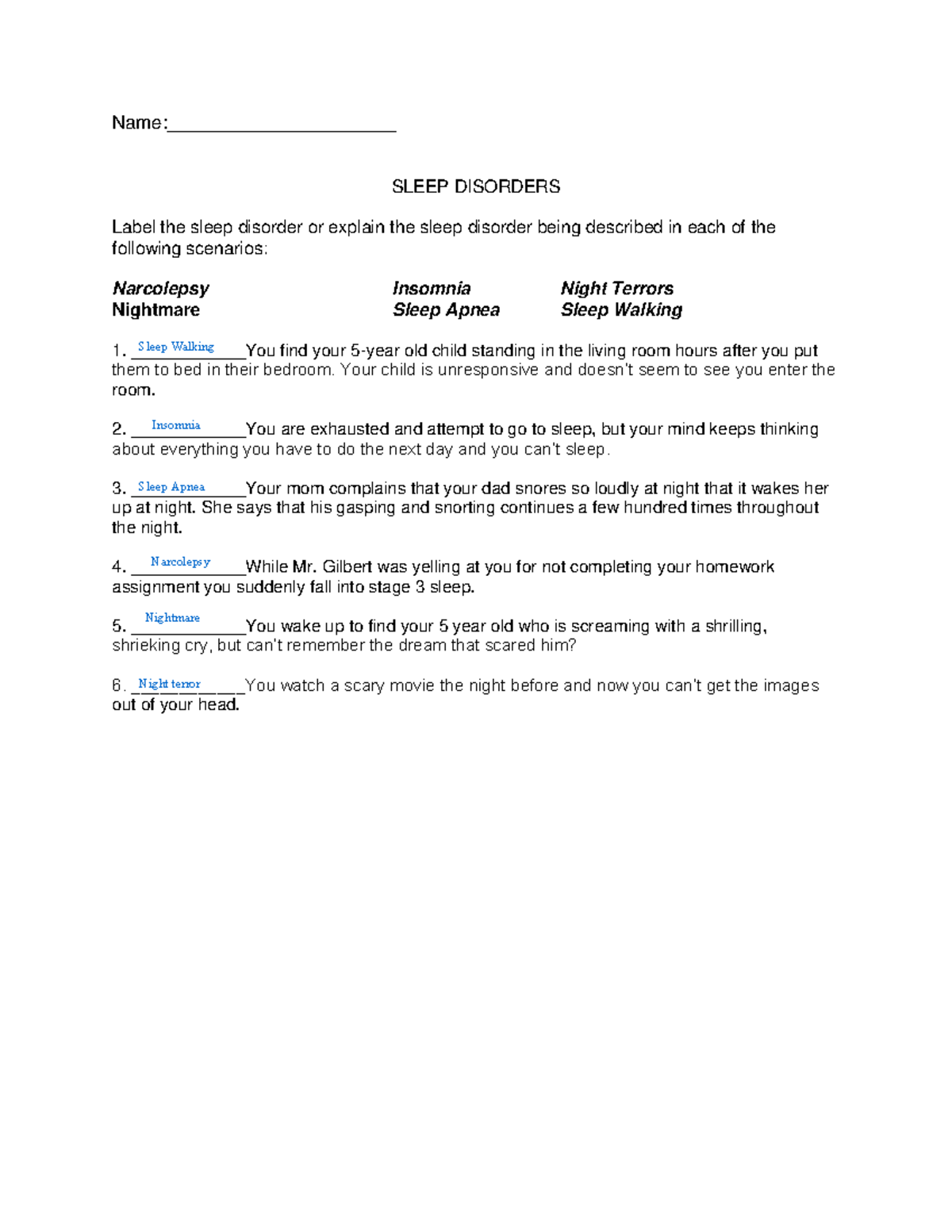 Sleep Disorders - Name:______________________ SLEEP DISORDERS Label the ...