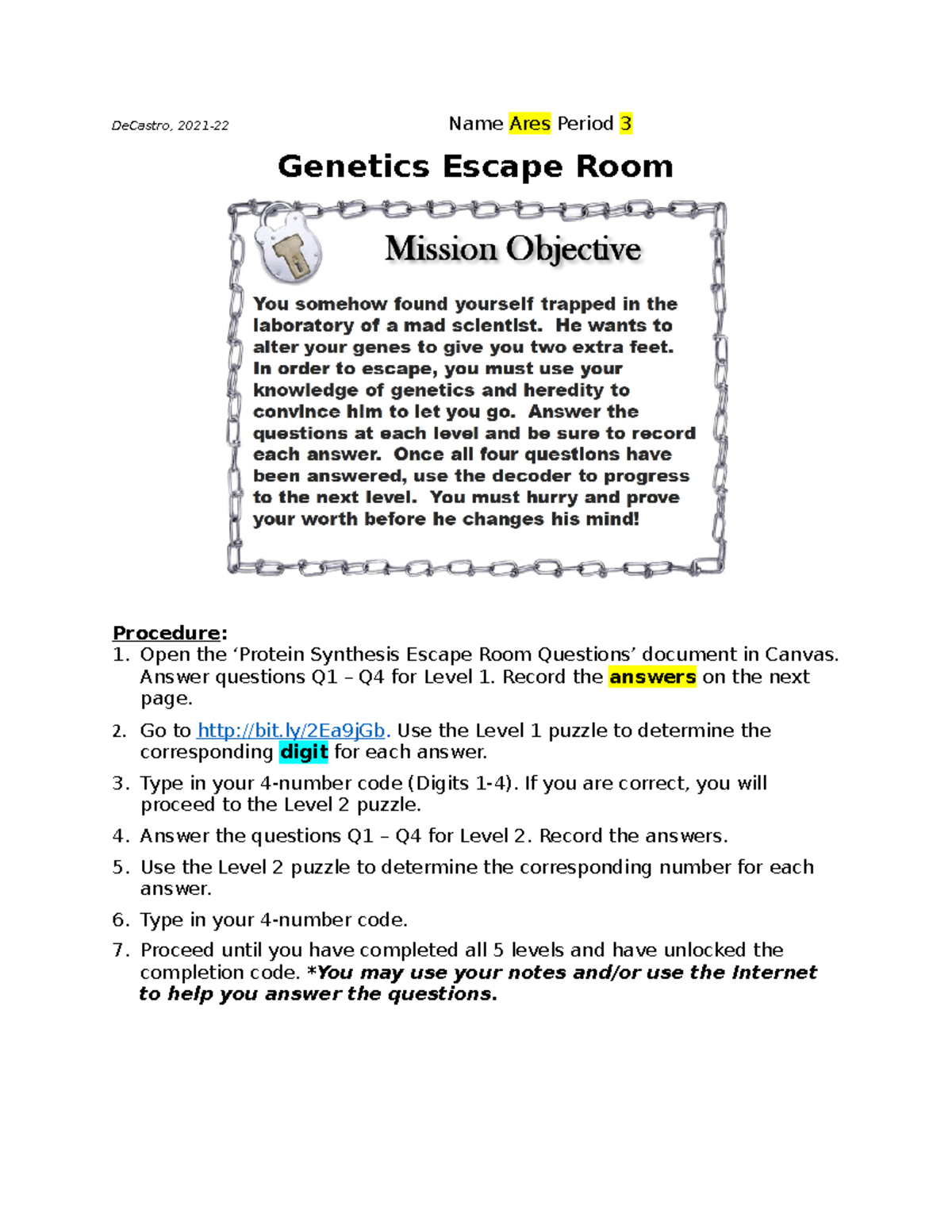 Genetics Escape Room WS - DeCastro, 2021-22 Name Ares Period 3 Genetics ...