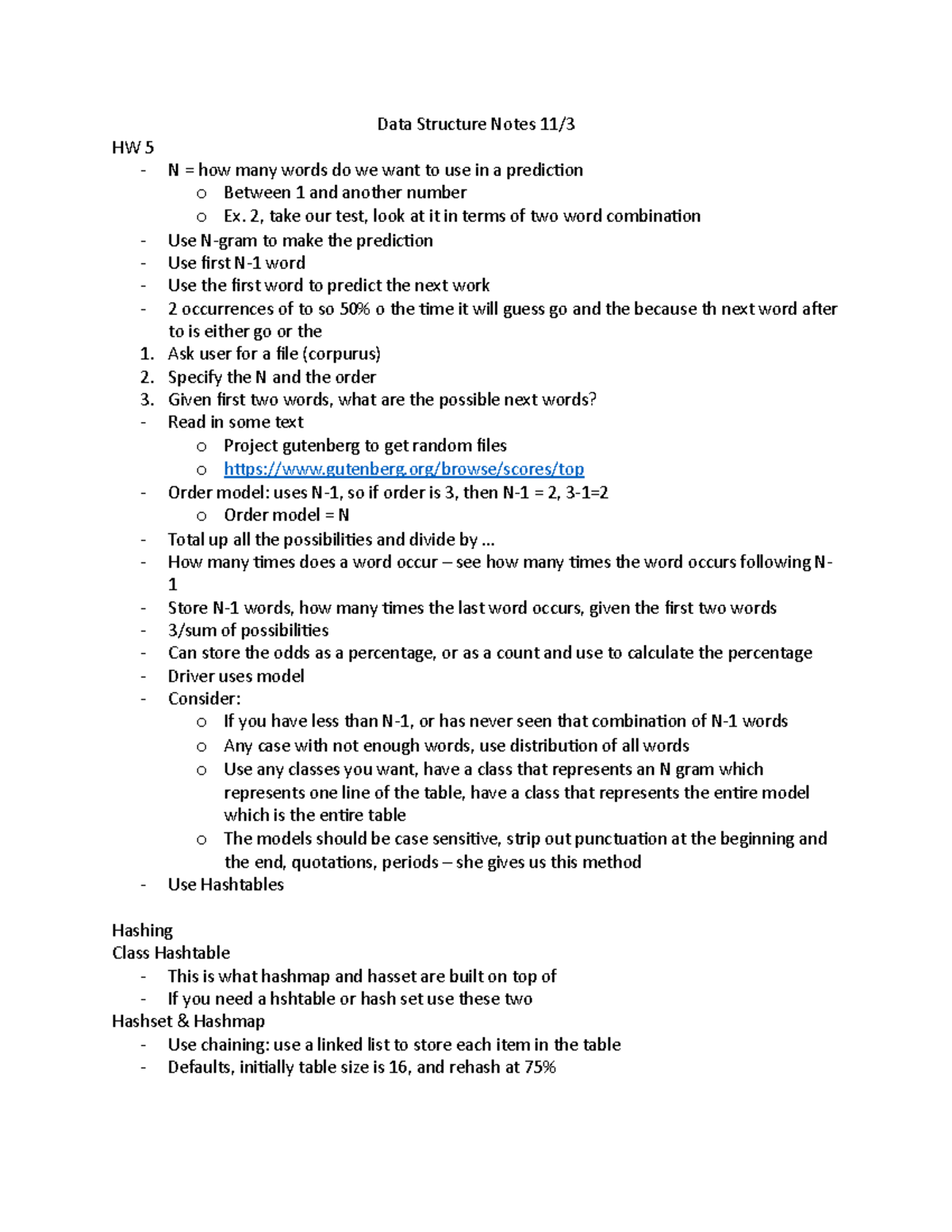 113 Lecture Notes Data Structure Notes 11 Hw 5 N How Many Words Do We Want To Use In A