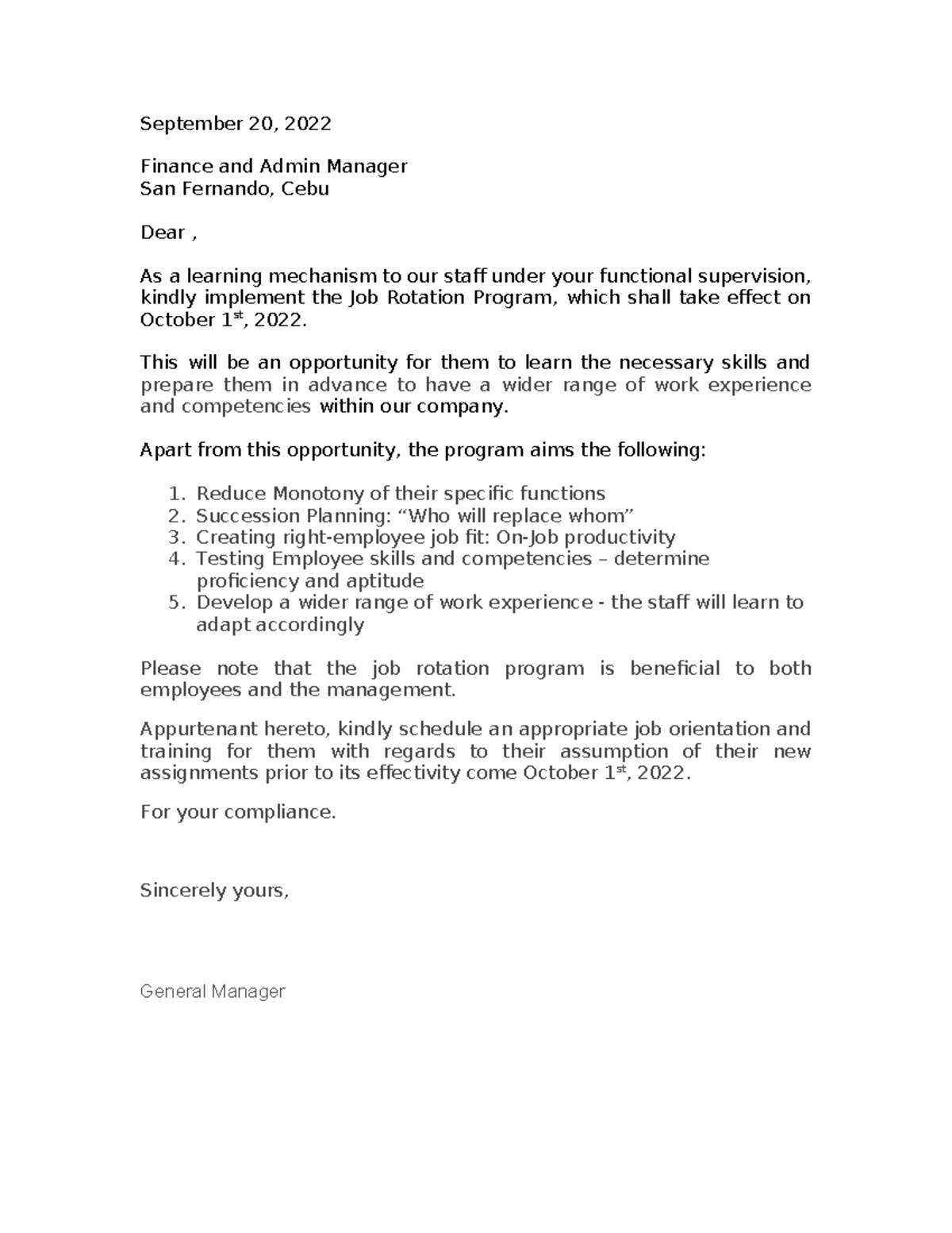 Job Rotation - Finance - September 20, 2022 Finance and Admin Manager ...