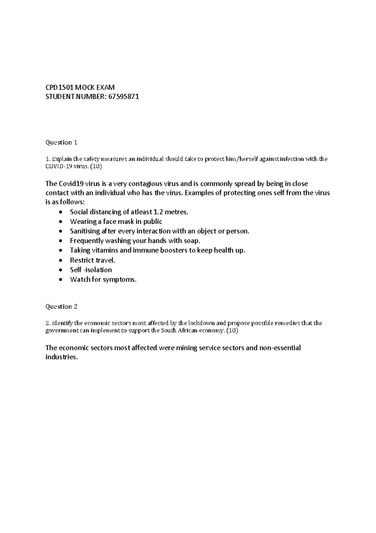 CPD1501 MOCK EXAM - CPD 1501 MOCK EXAM STUDENT NUMBER: 67595871 ...