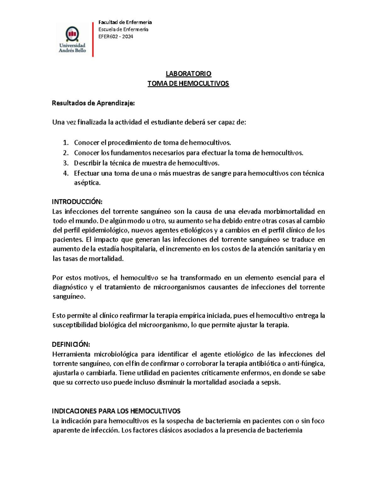 Gu%C3%ADa+Hemocultivos - Escuela de Enfermería EFER602 - 2024 ...