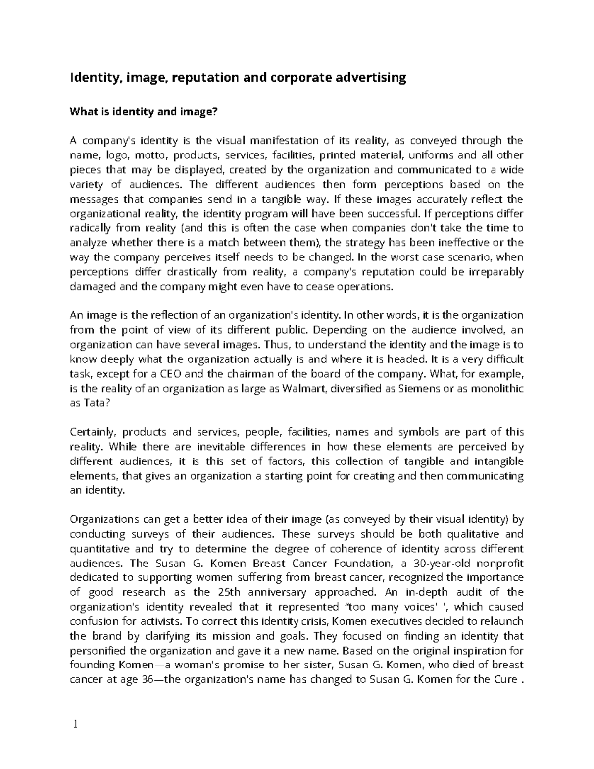 Communication on the company's image, identity and reputation ...