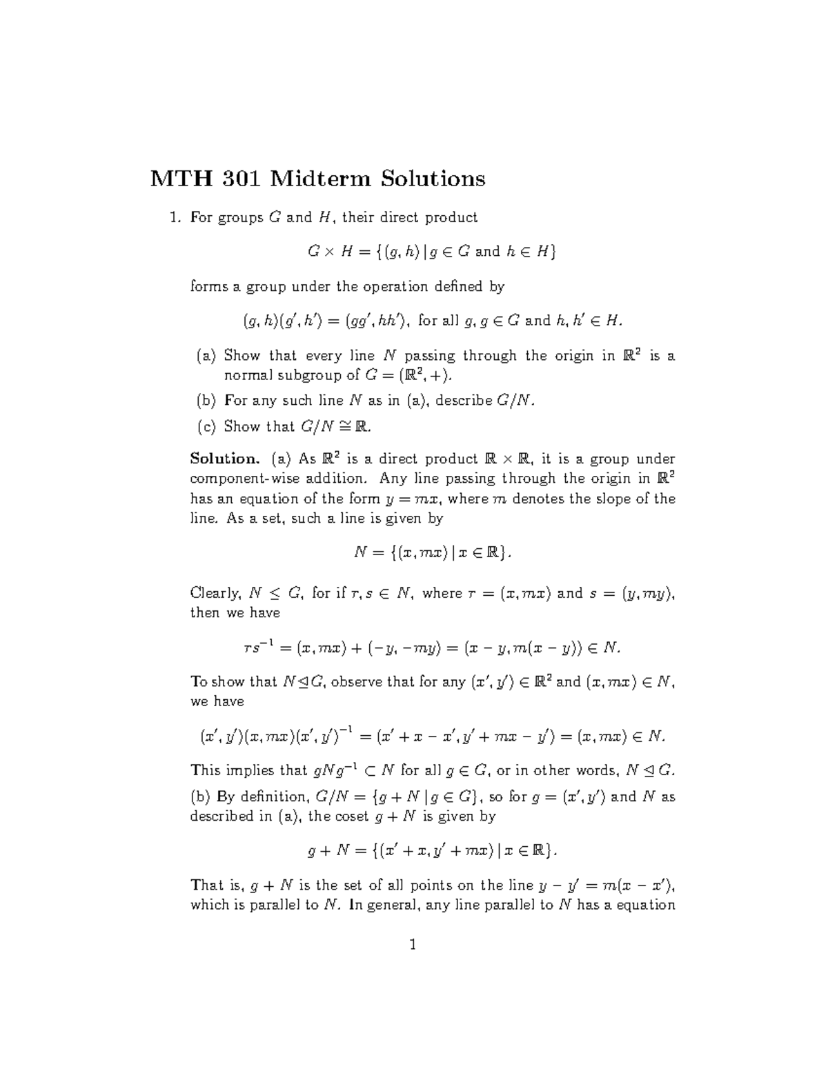 Midterm-sol - MTH 301 Midterm Solutions For groups G and H, their direct product G × H = {(g, h ...