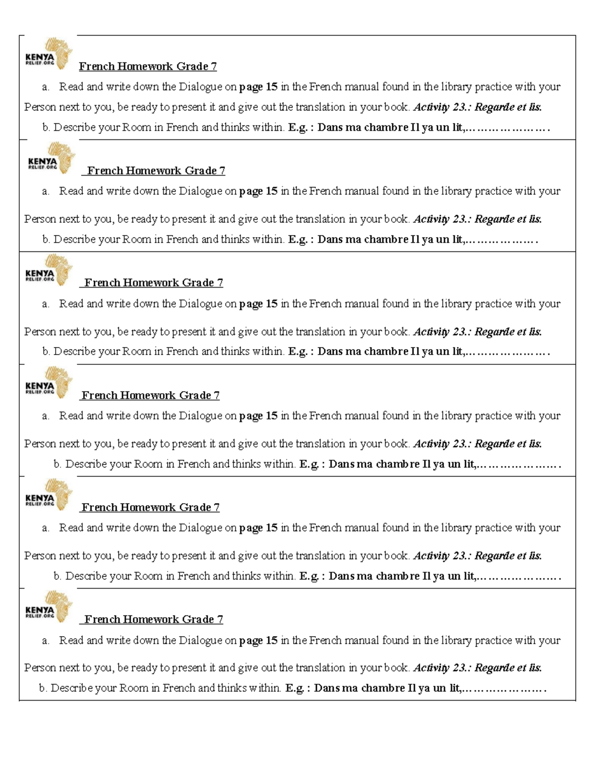 KRA 24.2 French Homework Grade 7 2 comp - French Homework Grade 7 a ...