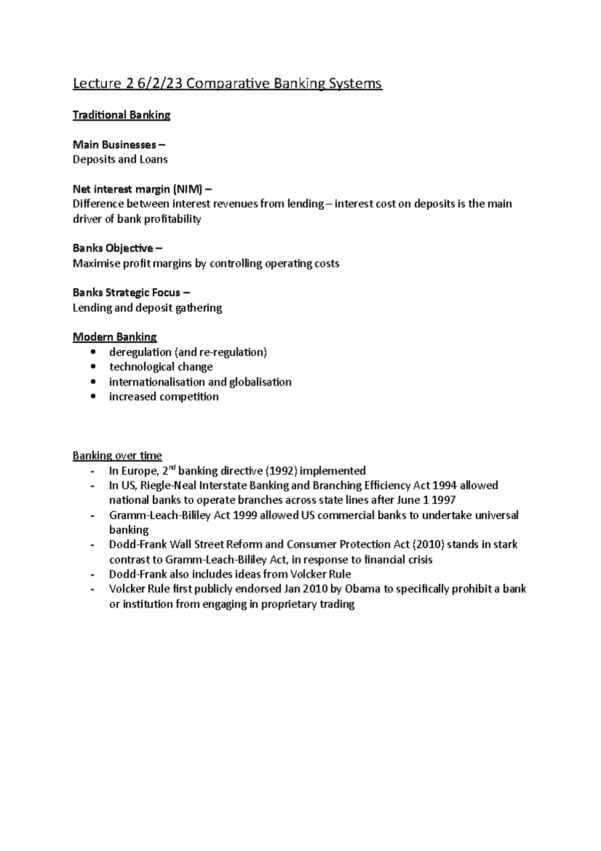 Notes Lecture 2 Comparative Banking Systems Lecture 2 6223