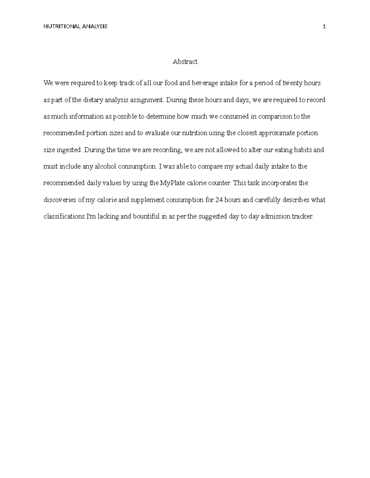 Abigail Nutritional Analysis - Abstract We were required to keep track ...