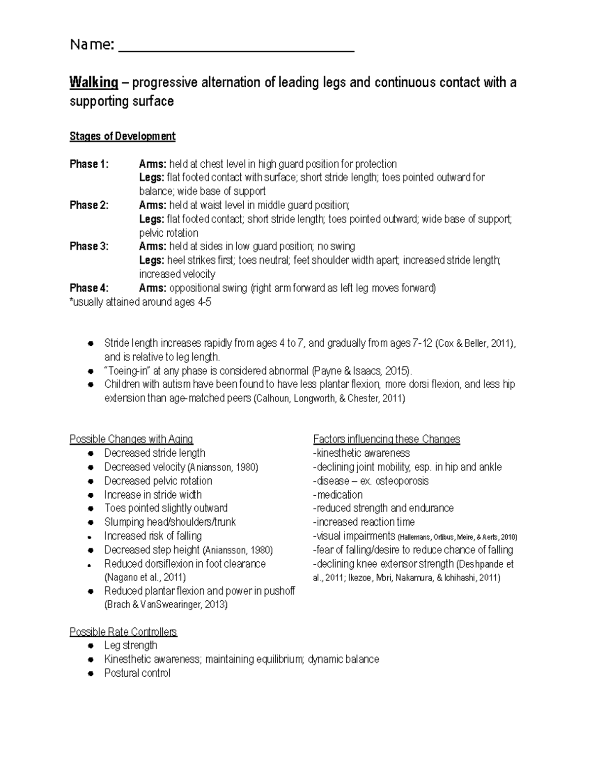 CH 5 - Locomotor Observation Lab Sheets - Name ...