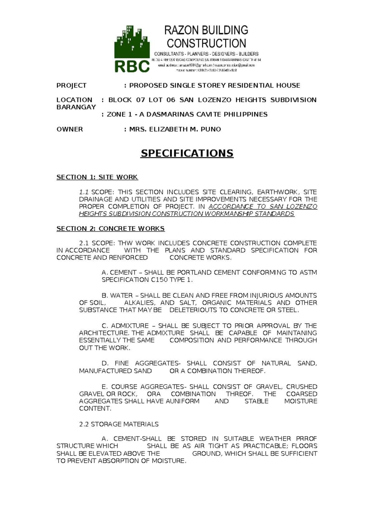 Project Specification - PROJECT : PROPOSED SINGLE STOREY RESIDENTIAL ...