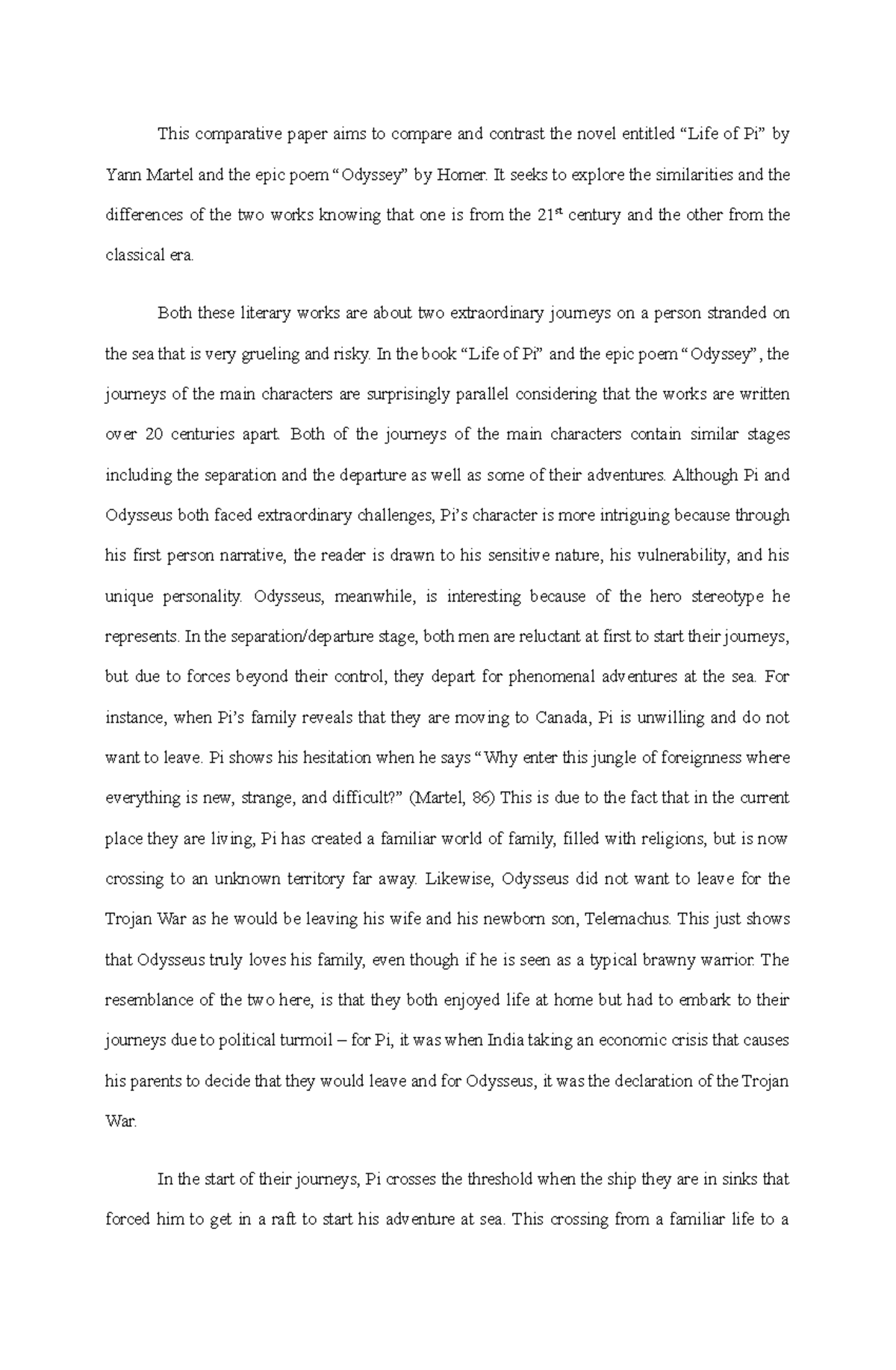 A Comparative Paper of Odyssey and Life of Pi - This comparative paper ...