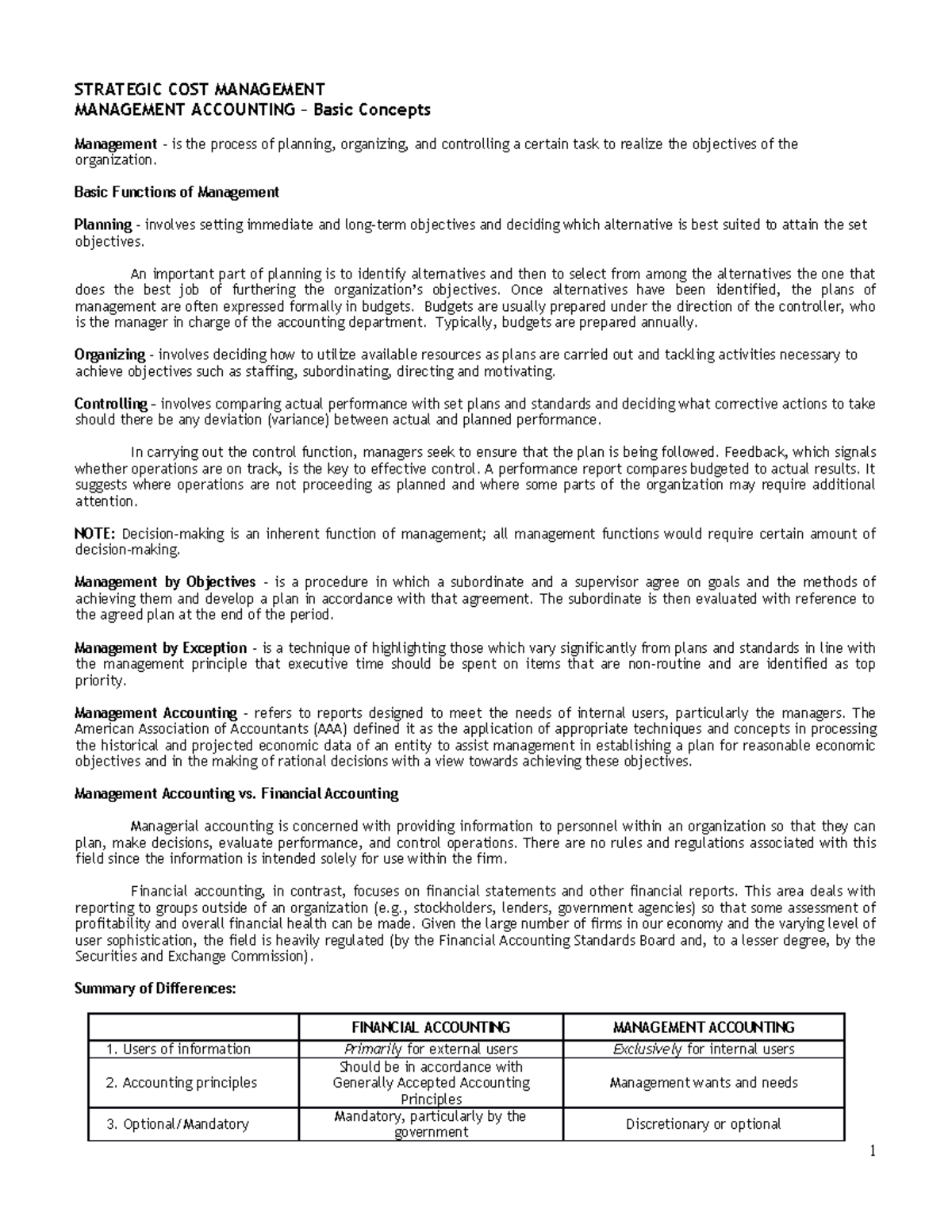Lecture 1 - Management Accounting-Basic Concepts - STRATEGIC COST MANAGEMENT MANAGEMENT ...