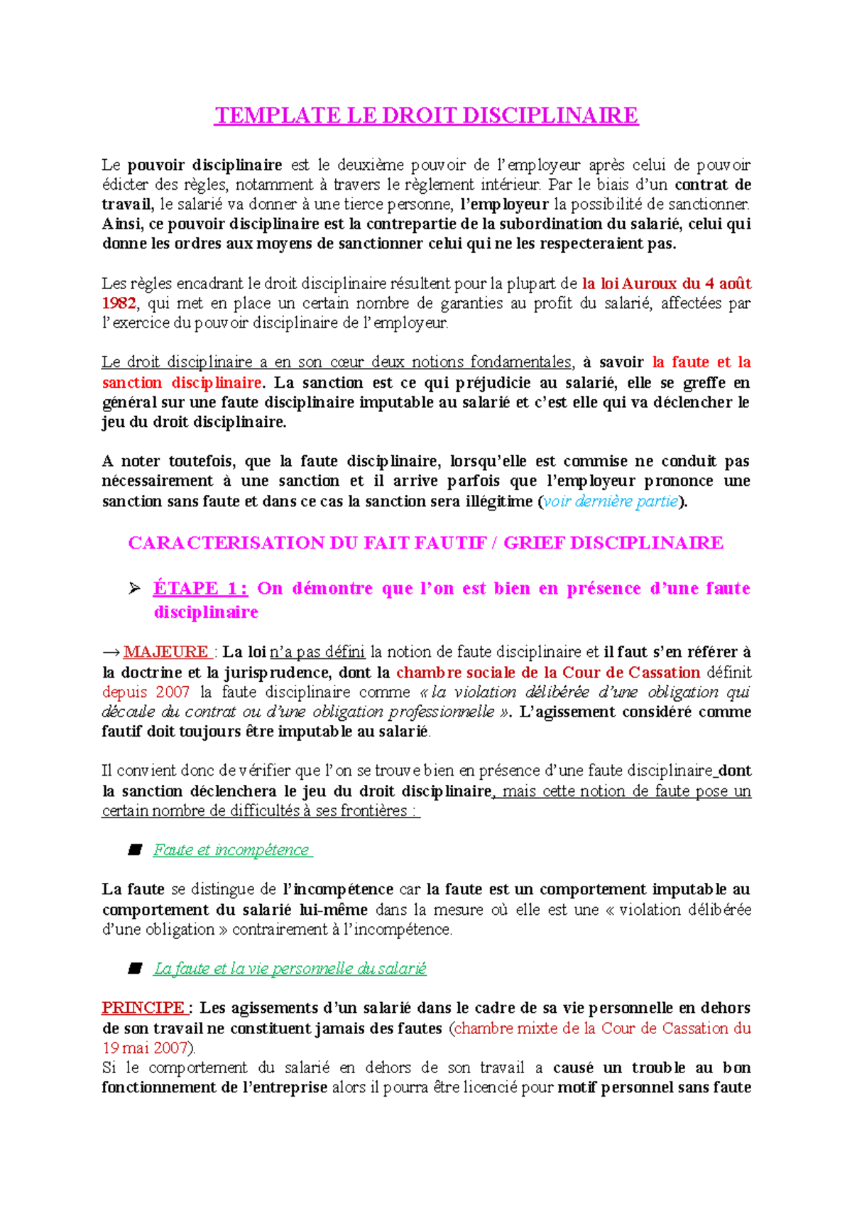Template le droit disciplinaire - TEMPLATE LE DROIT DISCIPLINAIRE Le ...