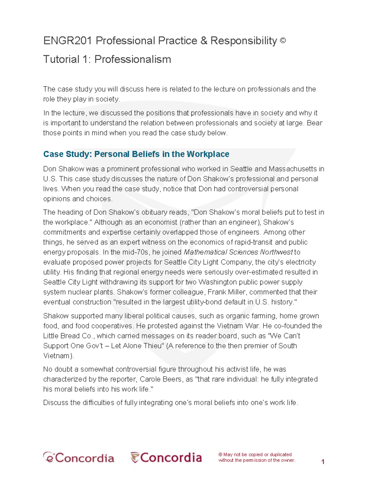 ENGR201 Tutorial 1 - 1 © May not be copied or duplicated without the permission of the owner ...