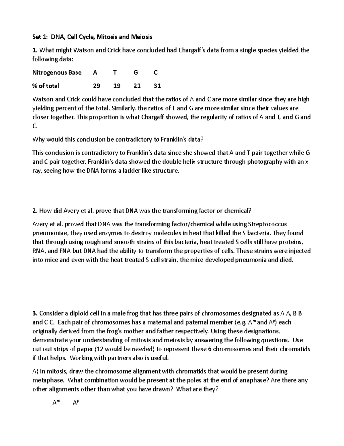 Problem Set 1(1) - Practice QUestions - Set 1: DNA, Cell Cycle, Mitosis ...