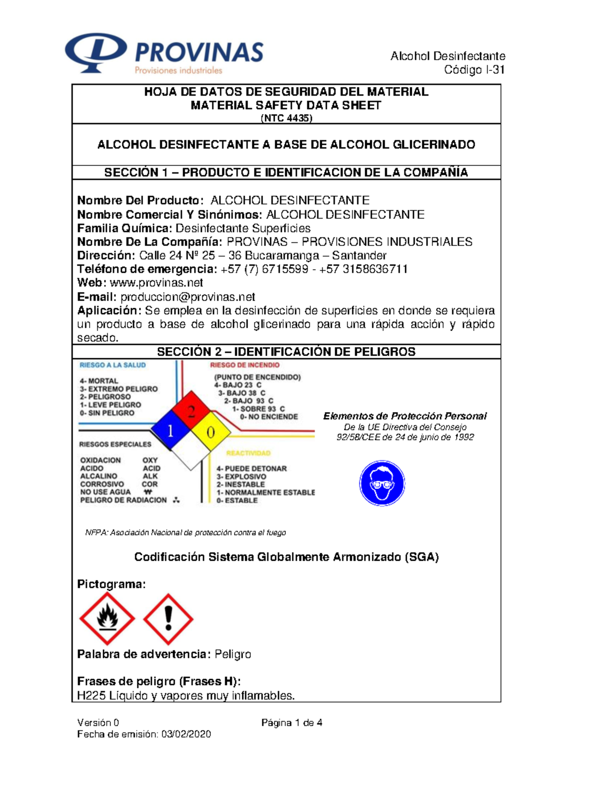 FDS- Alcohol Desinfectante-03-Feb-2025 - Código I- Versión 0 Página 1 ...
