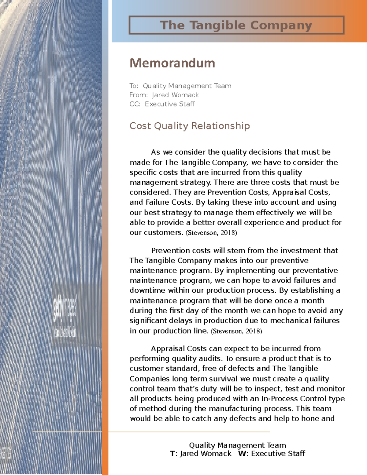 Business management tasks task 1 - Memorandum To: Quality Management ...