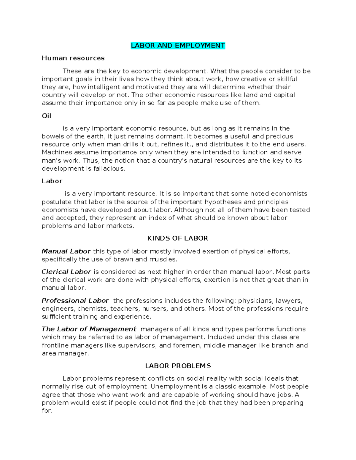 Labor and Employment - LABOR AND EMPLOYMENT Human resources These are ...