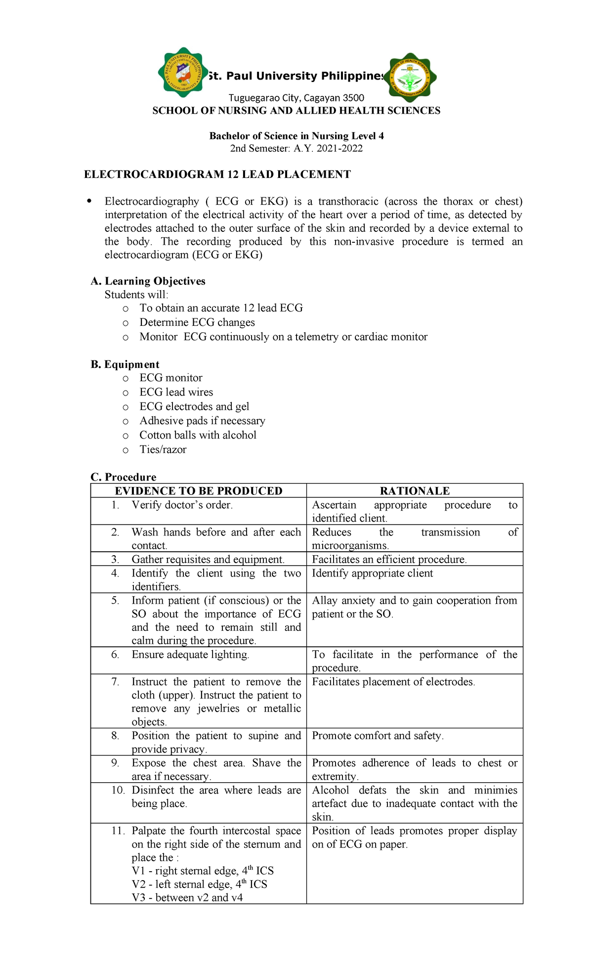 ECG-Placement-1 - RETDEM - St. Paul University Philippines Tuguegarao ...
