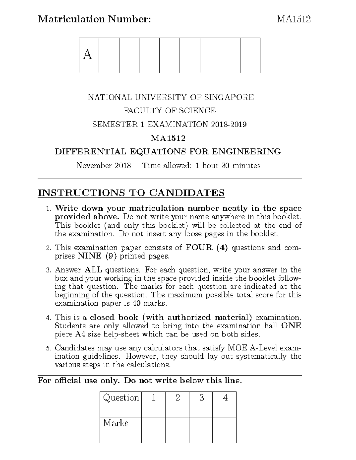 1819SEM1-MA1512 - 2018/2019 sem 1 paper - Matriculation Number: MA A ...