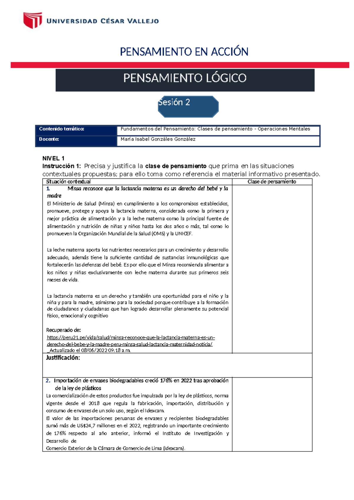 Resuelto Pensamiento Logico Sesion 2 - PENSAMIENTO EN ACCIÓN Contenido ...