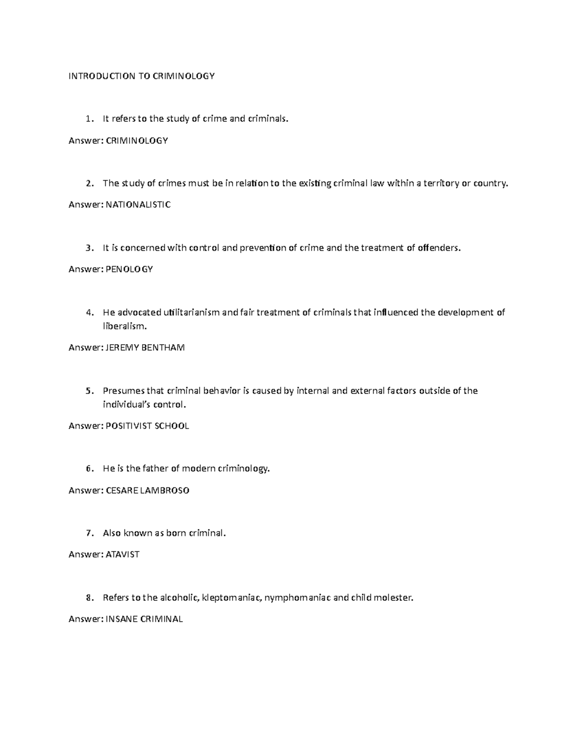 Introduction TO Criminology - INTRODUCTION TO CRIMINOLOGY Answer ...