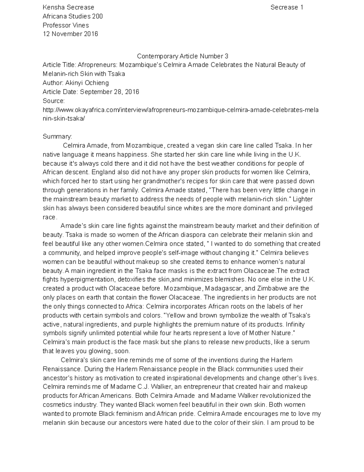 CE #3 - writing assignment - Kensha Secrease Secrease 1 Africana Studies 200 Professor Vines 12 ...
