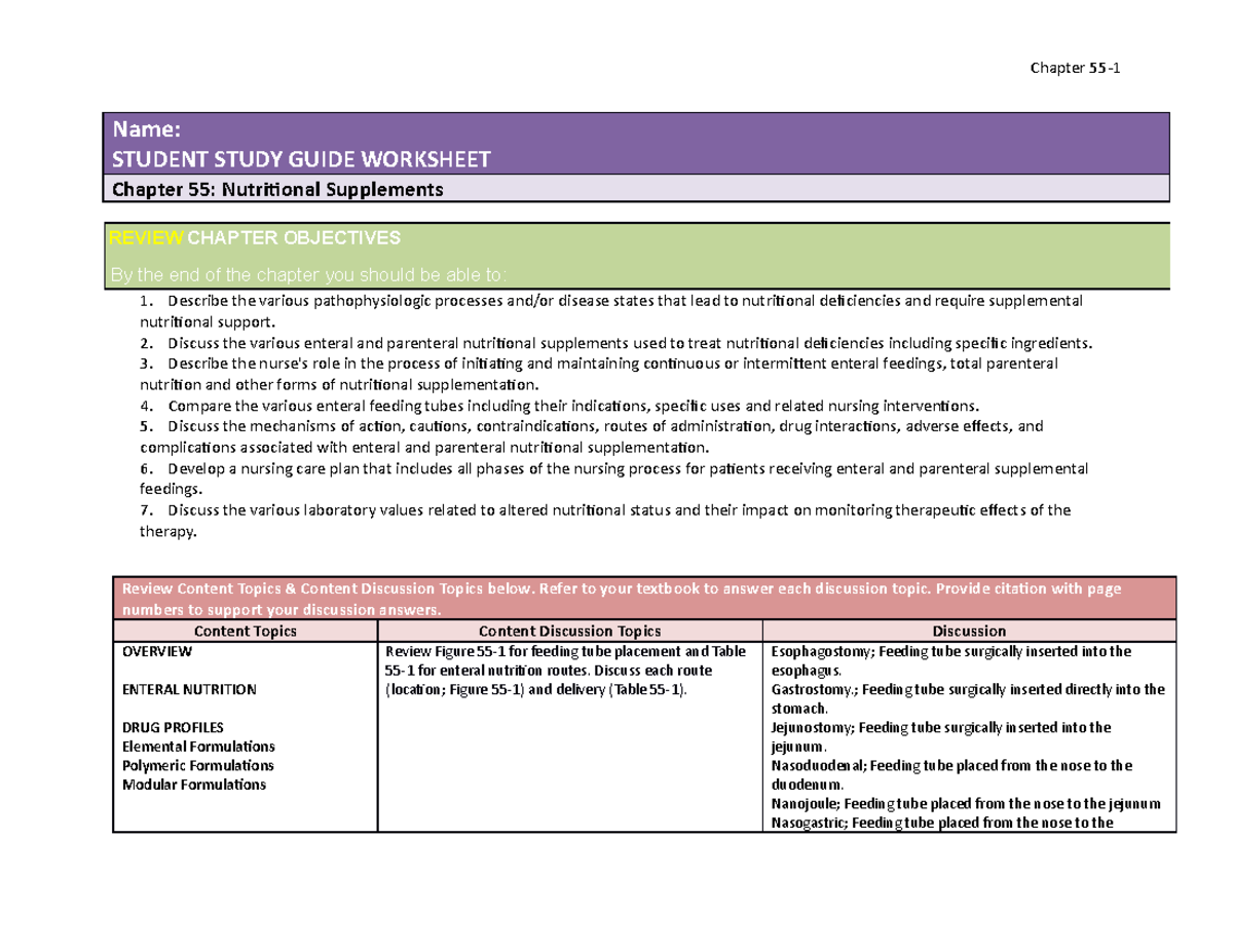 Chapter 55 Study Guide - good to review the material. - Name: STUDENT ...