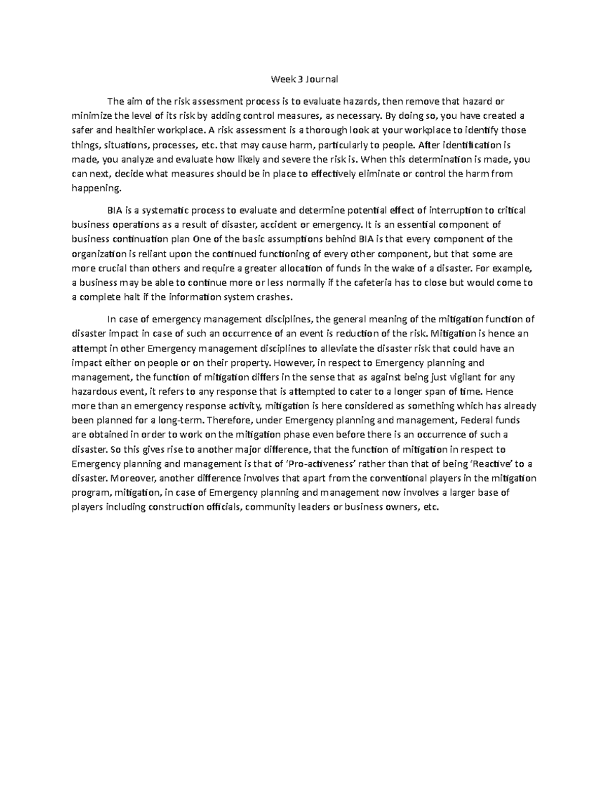 Week 3 Journal - Assignment - Week 3 Journal The aim of the risk ...
