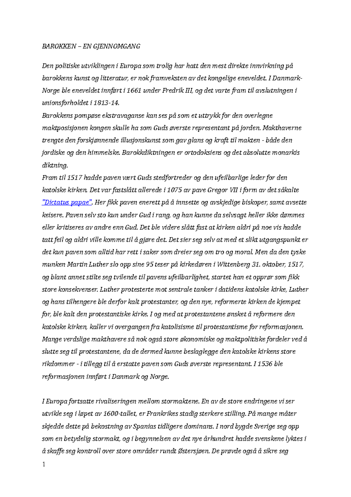 Barokken EN Gjennomgang 1 - BAROKKEN – EN GJENNOMGANG Den politiske ...