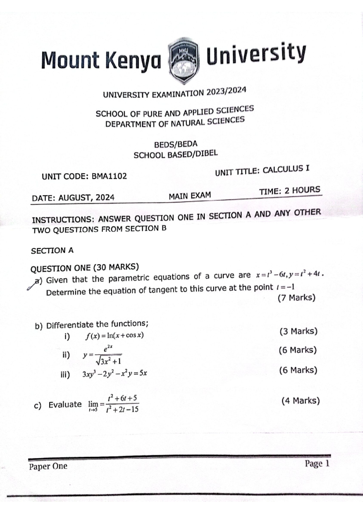 Calculas one - Cat - MKU Mount Kenya University UNIVERSITY EXAMINATION ...