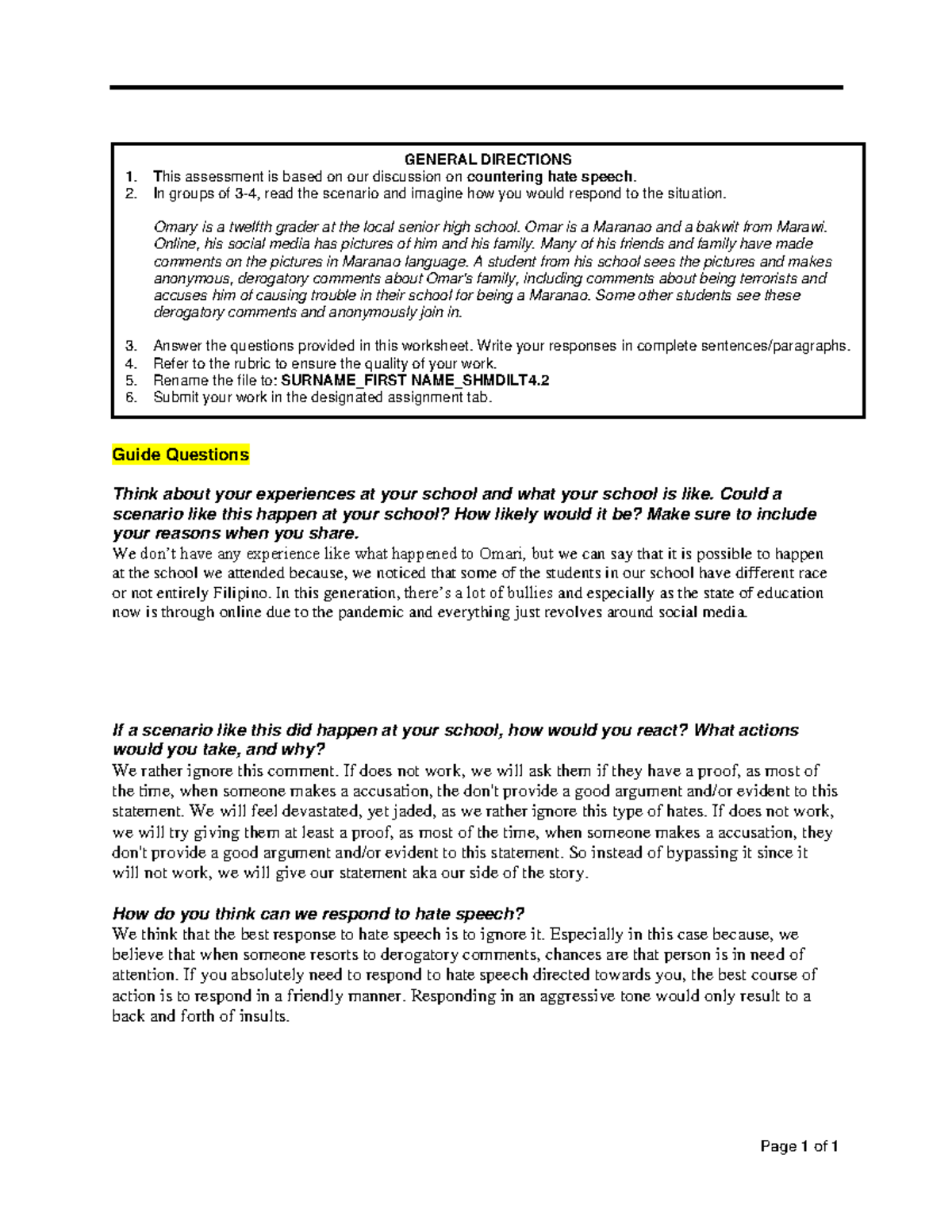 assignment ideas and answers - Page 1 of 1 Guide Questions Think about ...