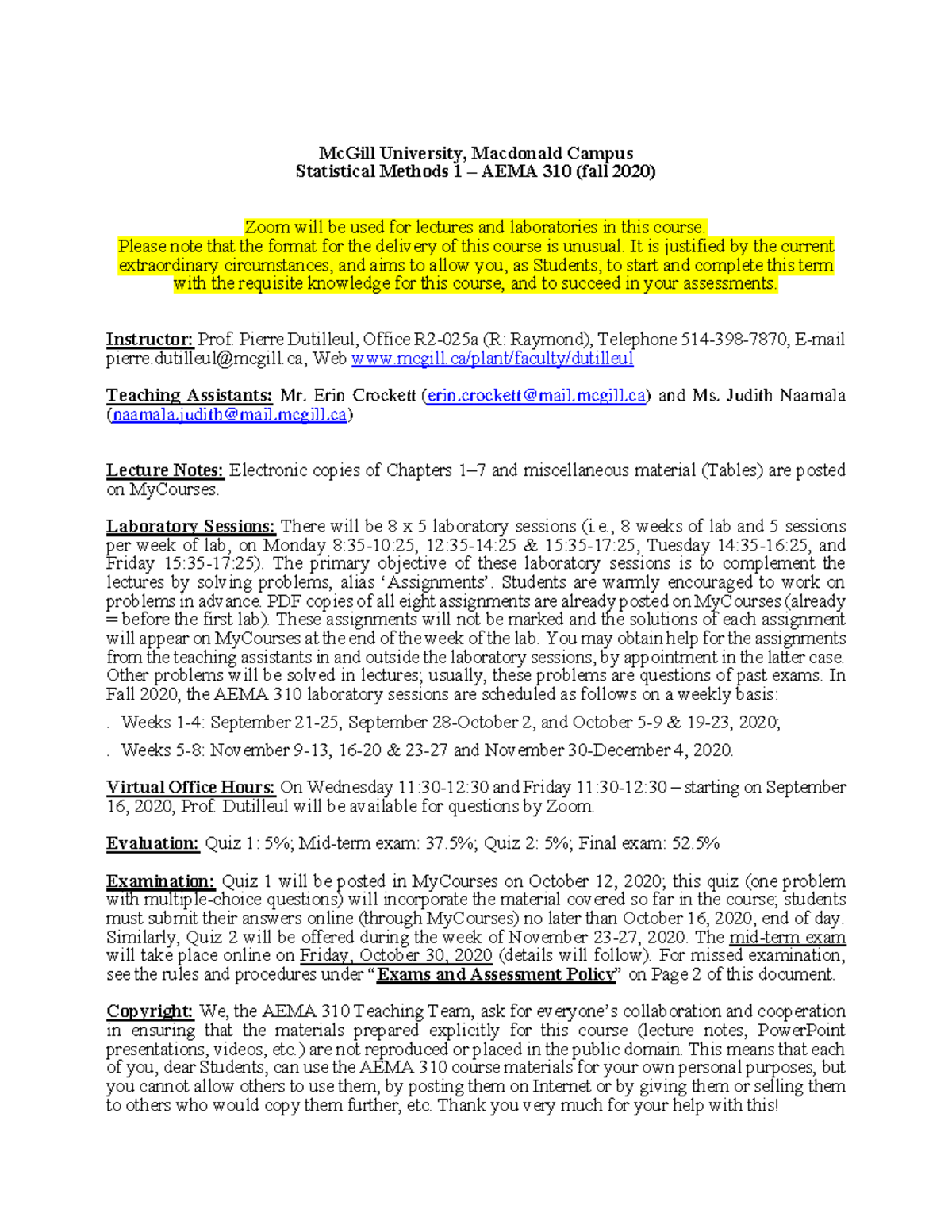 Course Outline AEMA 310-F2020 FIN - McGill University, Macdonald Campus Statistical Methods 1 ...