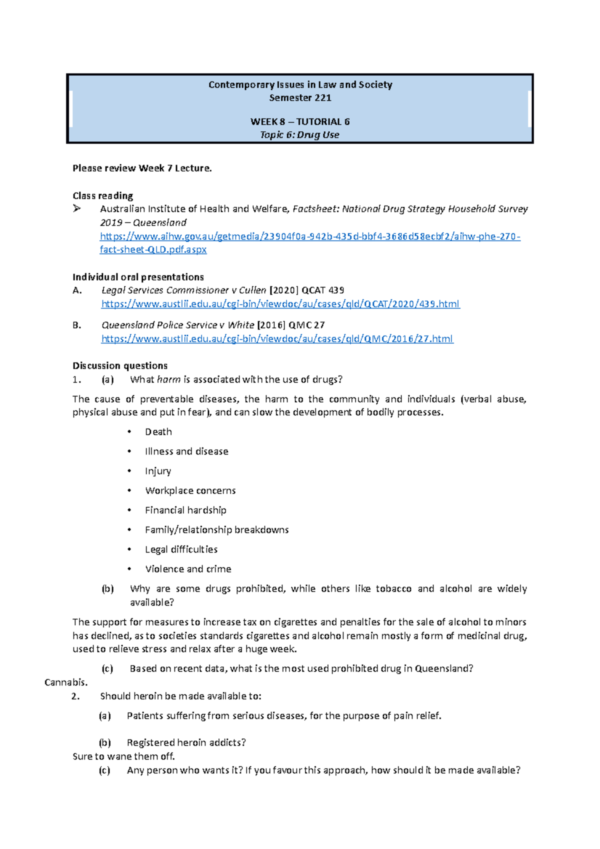 Tutorial 6(Wk8) - Contemporary Issues in Law and Society Semester 221 ...