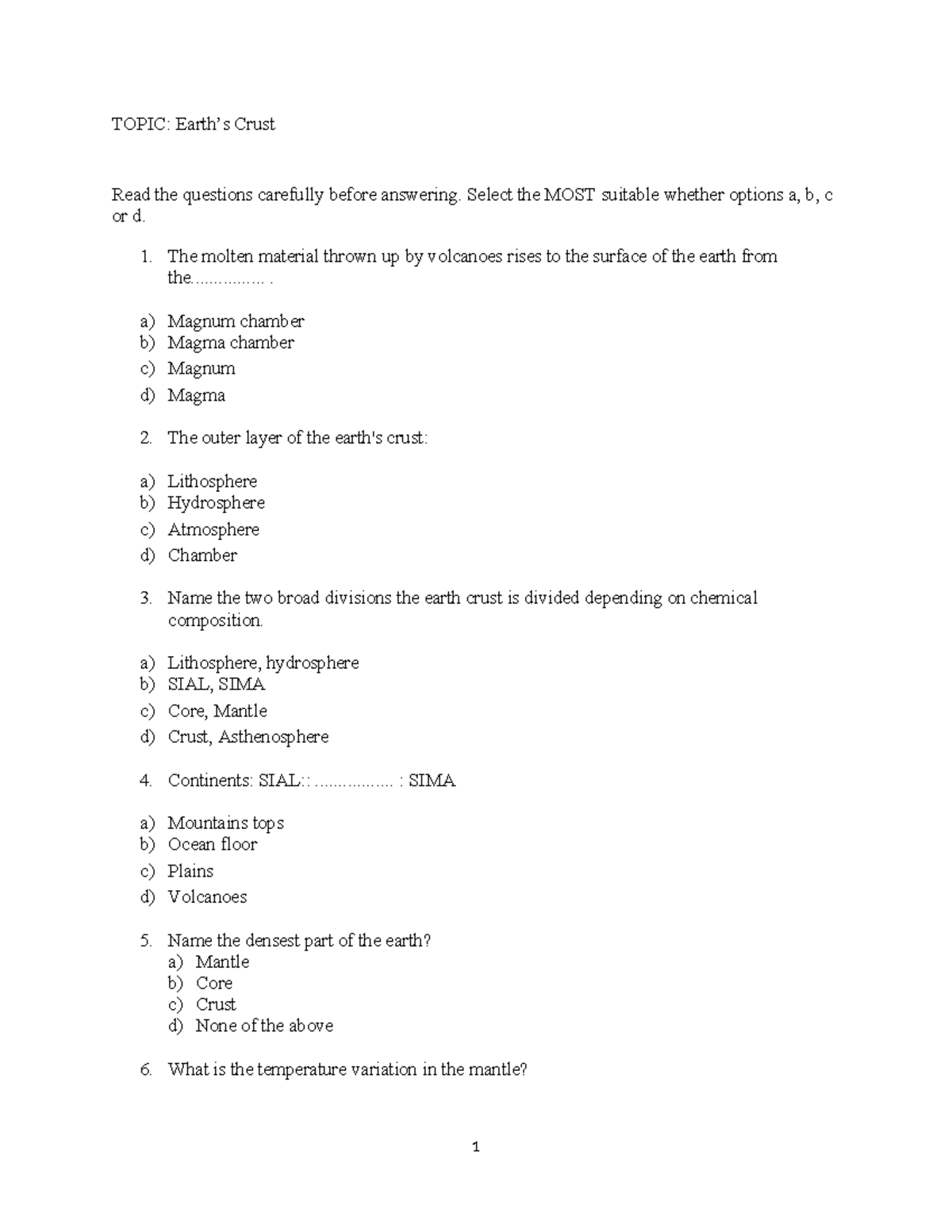 Earth's Crust Activity - TOPIC: Earth’s Crust Read the questions ...