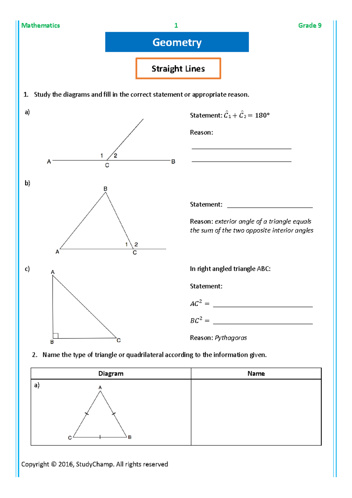 Gr9 Maths Geo Straight Lines - Study the diagrams and fill in the ...