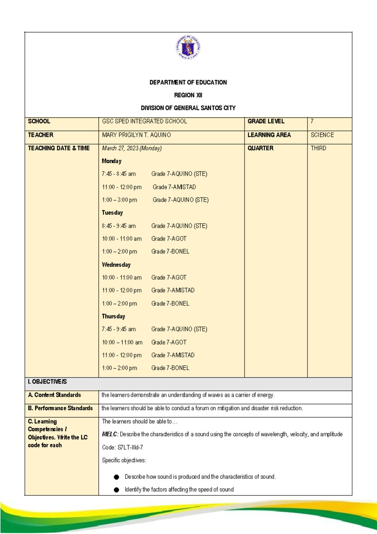 Science-7-Q3-LP Sound - DEPARTMENT OF EDUCATION REGION XII DIVISION OF ...