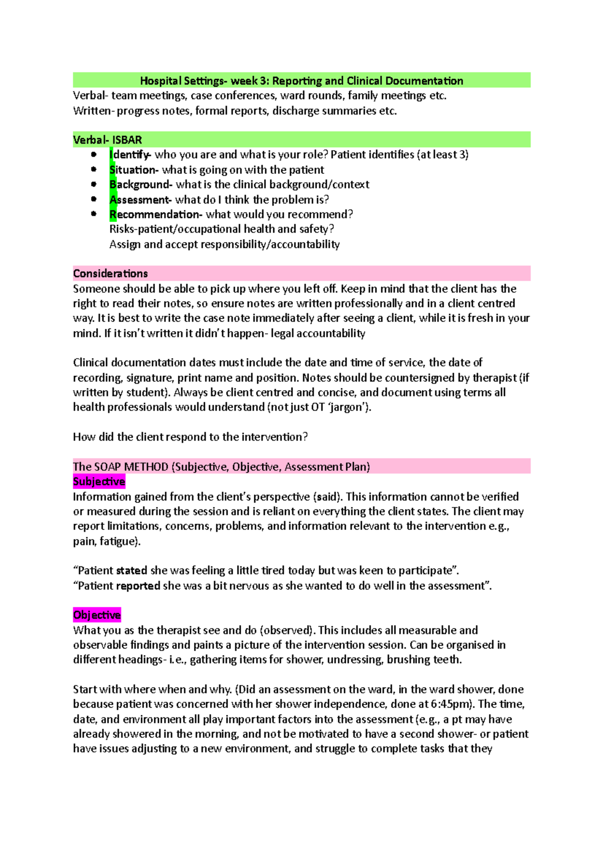 Week 3 Reporting and Clinical Documentation - Hospital Settings- week 3 ...