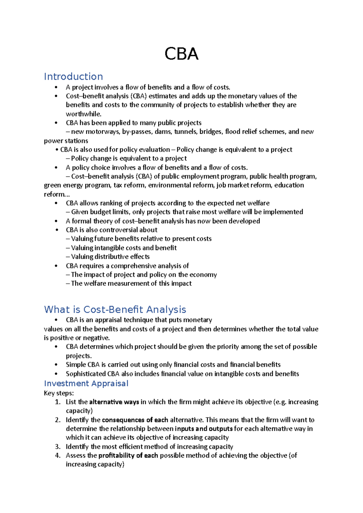 Cost-Benefit Analysis - CBA Introduction A project involves a flow of ...