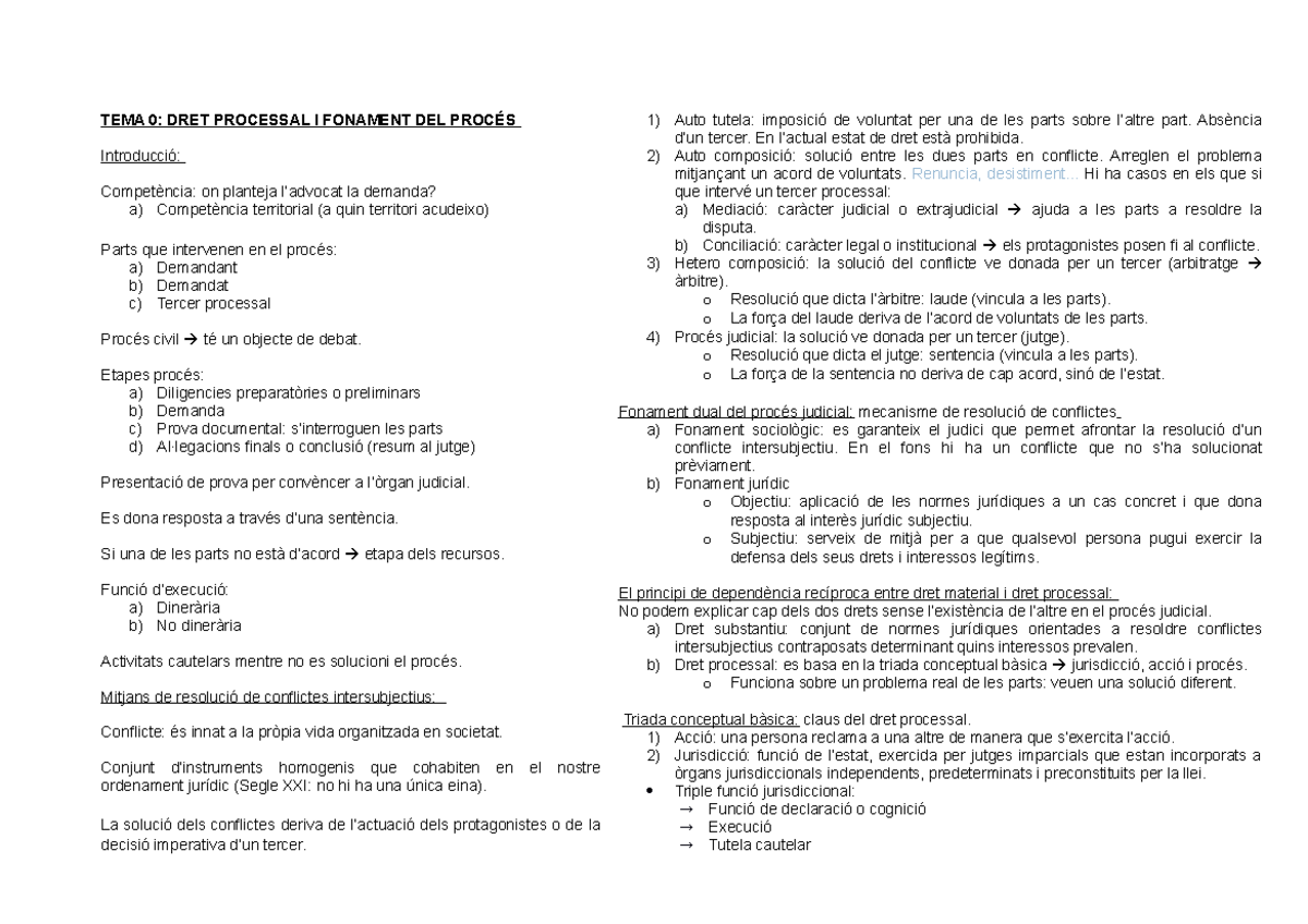 Esquemas examen final - TEMA 0: DRET PROCESSAL I FONAMENT DEL PROCÉS Introducció: Competència ...