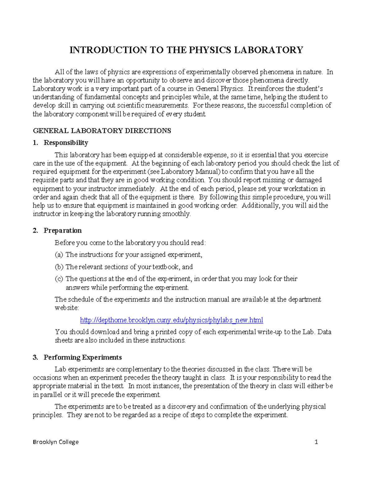 Physics Lab Syllabus - INTRODUCTION TO THE PHYSICS LABORATORY All of ...