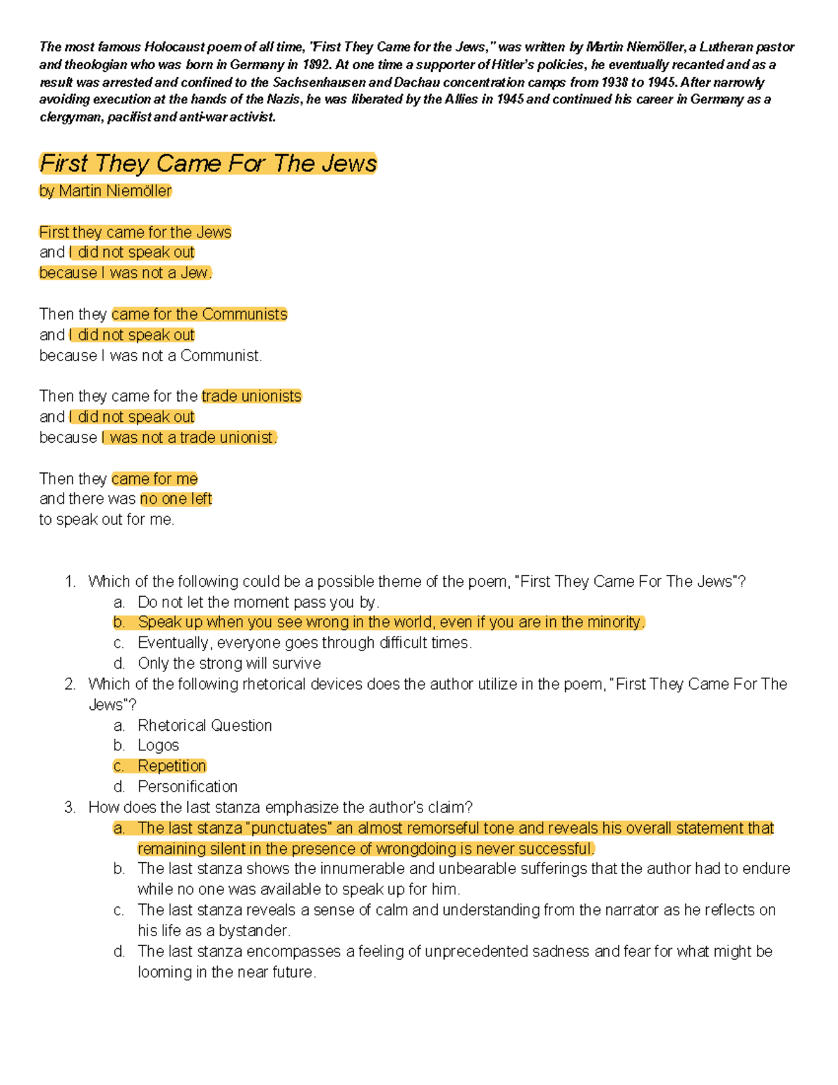 Holocaust EOC type practice - The most famous Holocaust poem of all ...