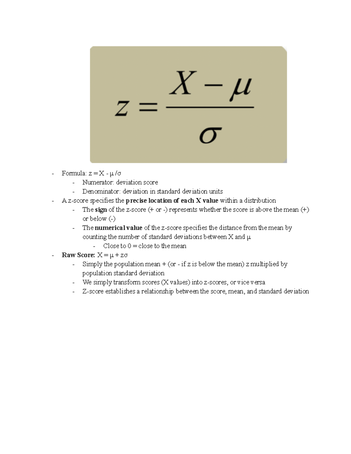 Psych Statistics Notes Formula Z X μ σ Numerator Deviation