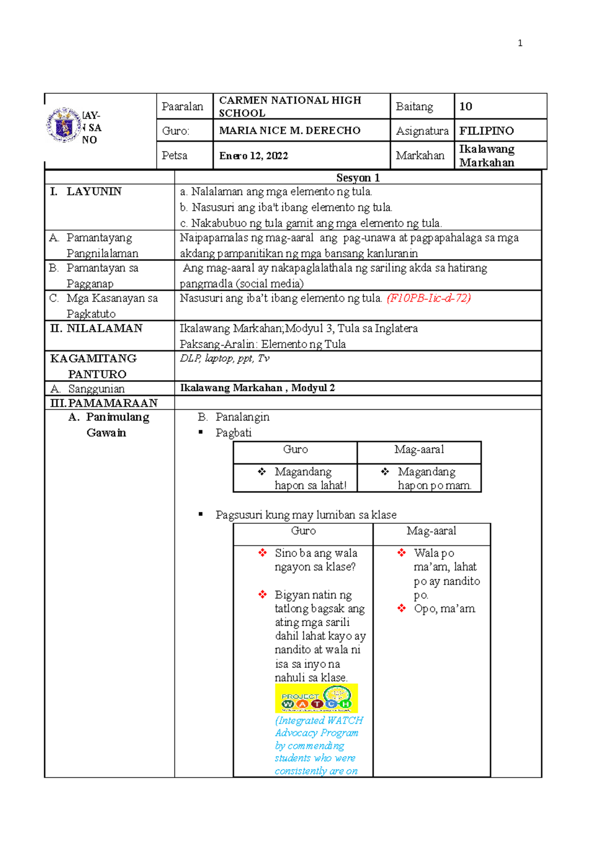 COT 1 2022-2023 Elemento ng Tula - Paaralan CARMEN NATIONAL HIGH SCHOOL ...