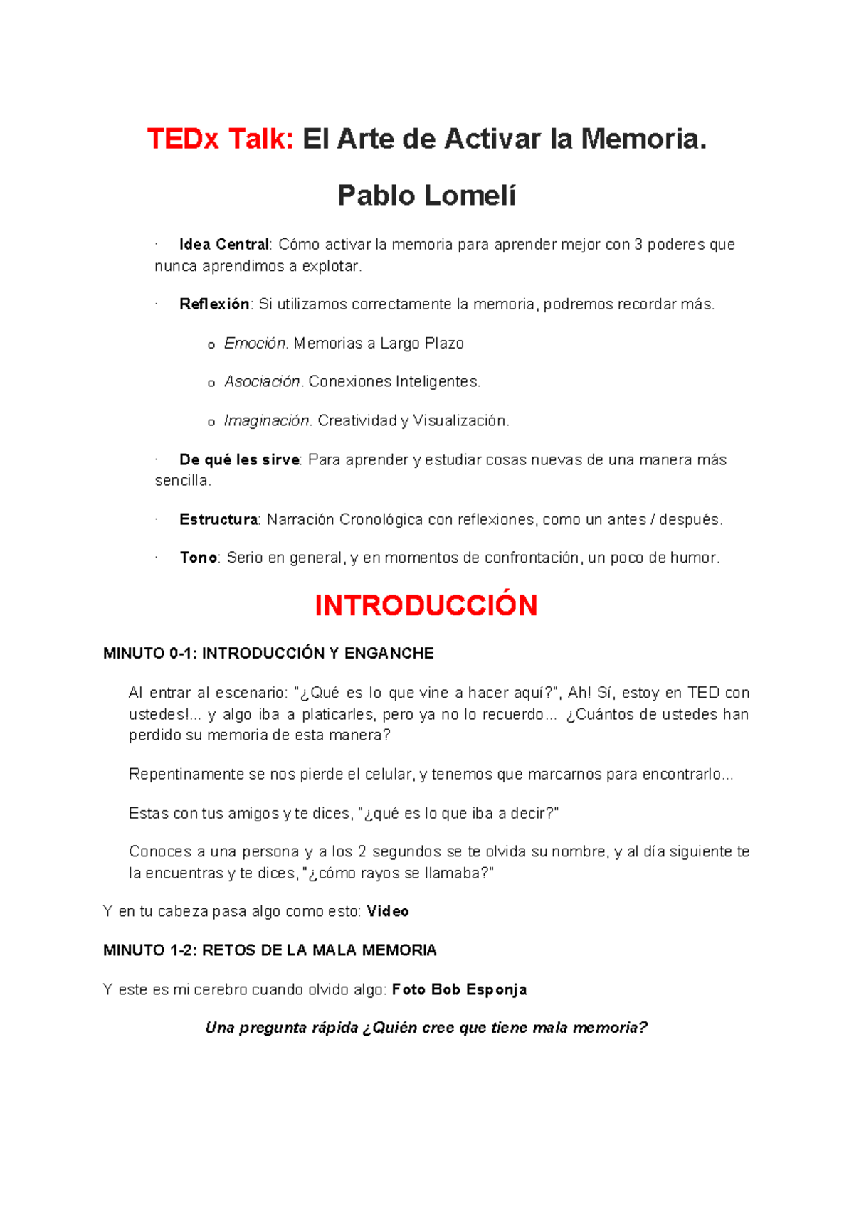 1.2 TEDx Script - hfhgf - TEDx Talk: El Arte de Activar la Memoria ...