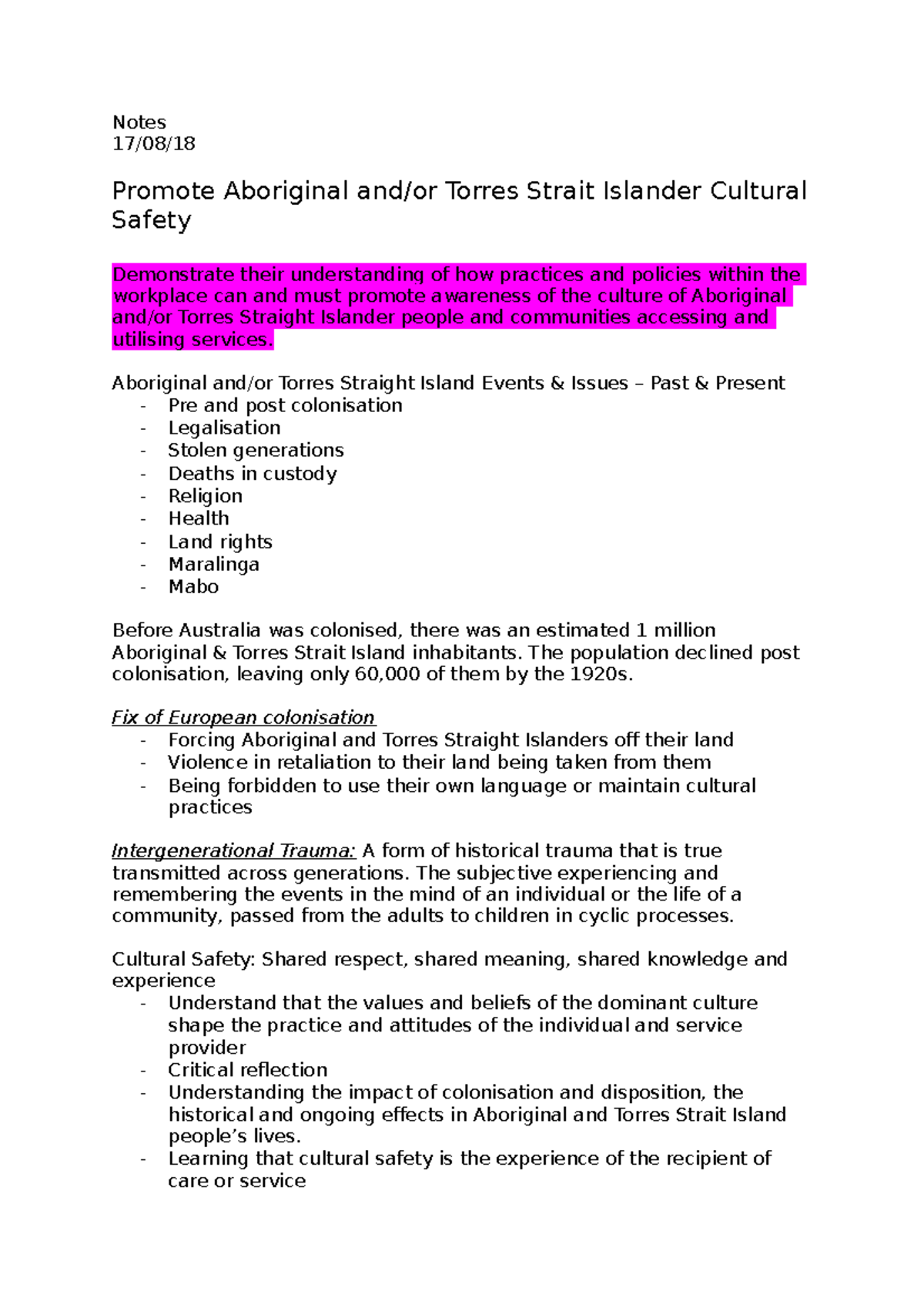 Lecture Notes - Aboriginal and Torres Strait Island Cultural Safety ...