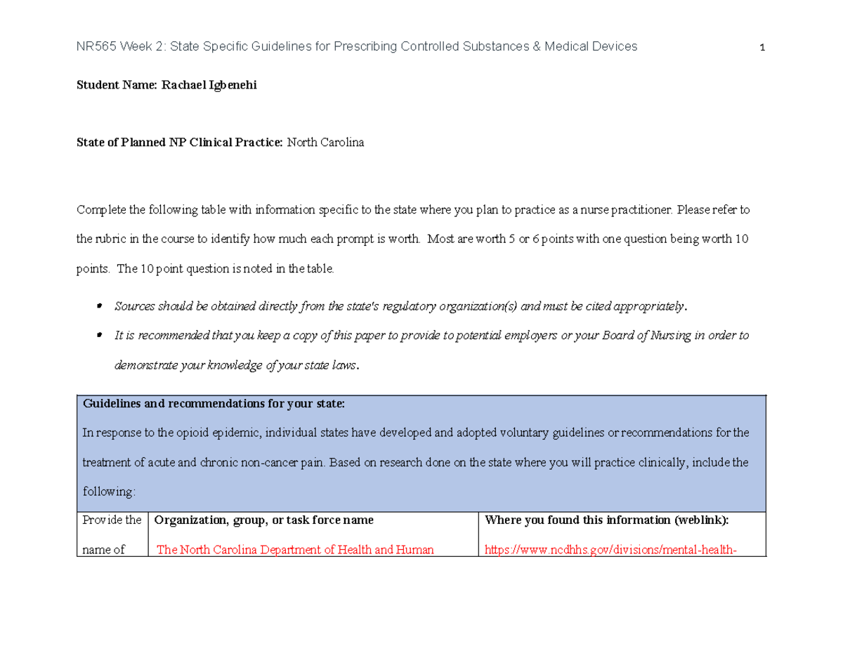 NR565 Week 2 State Specific Guidelines for Prescribing Controlled ...
