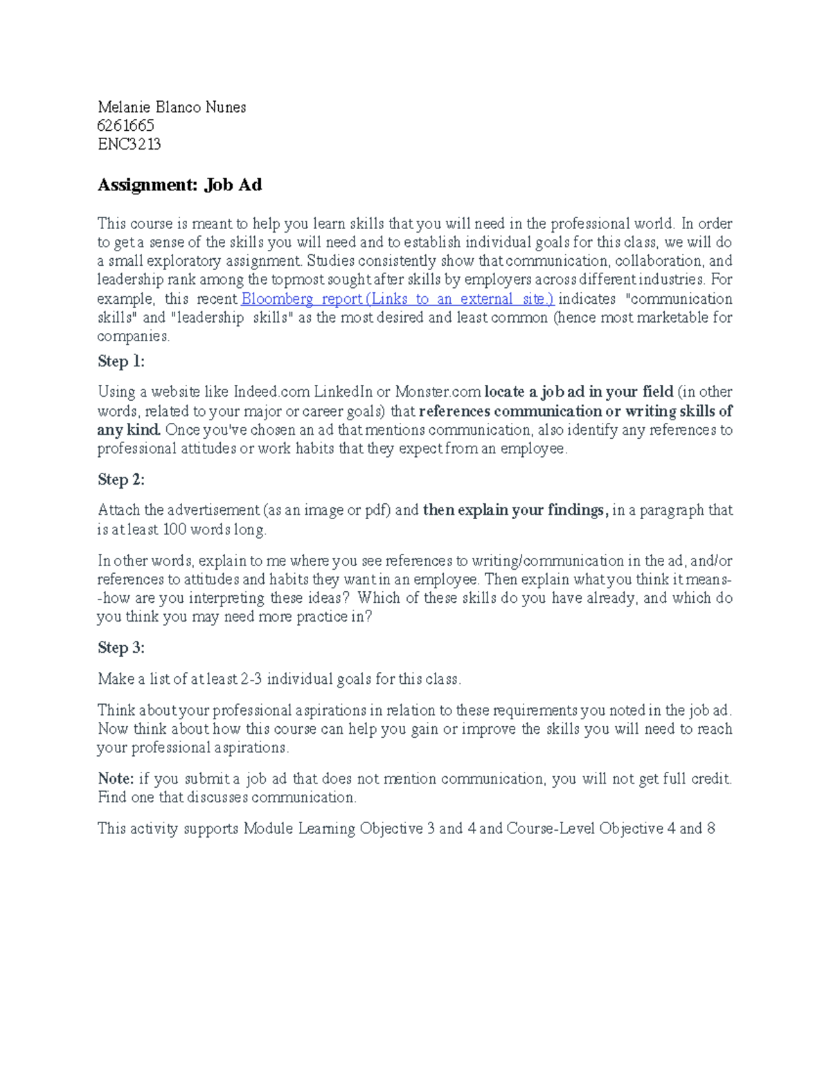 ENC3213 Job AD - Assignment: Job Ad This course is meant to help you ...