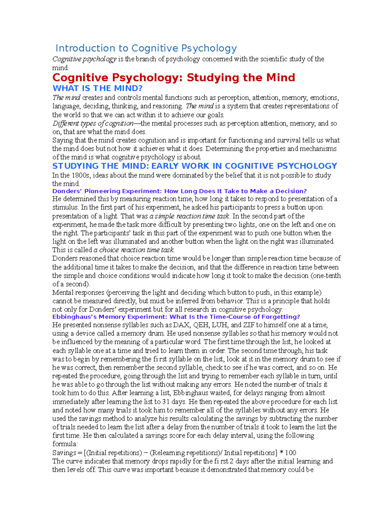 Cognitive psychology notes for the first three chapters - Introduction ...