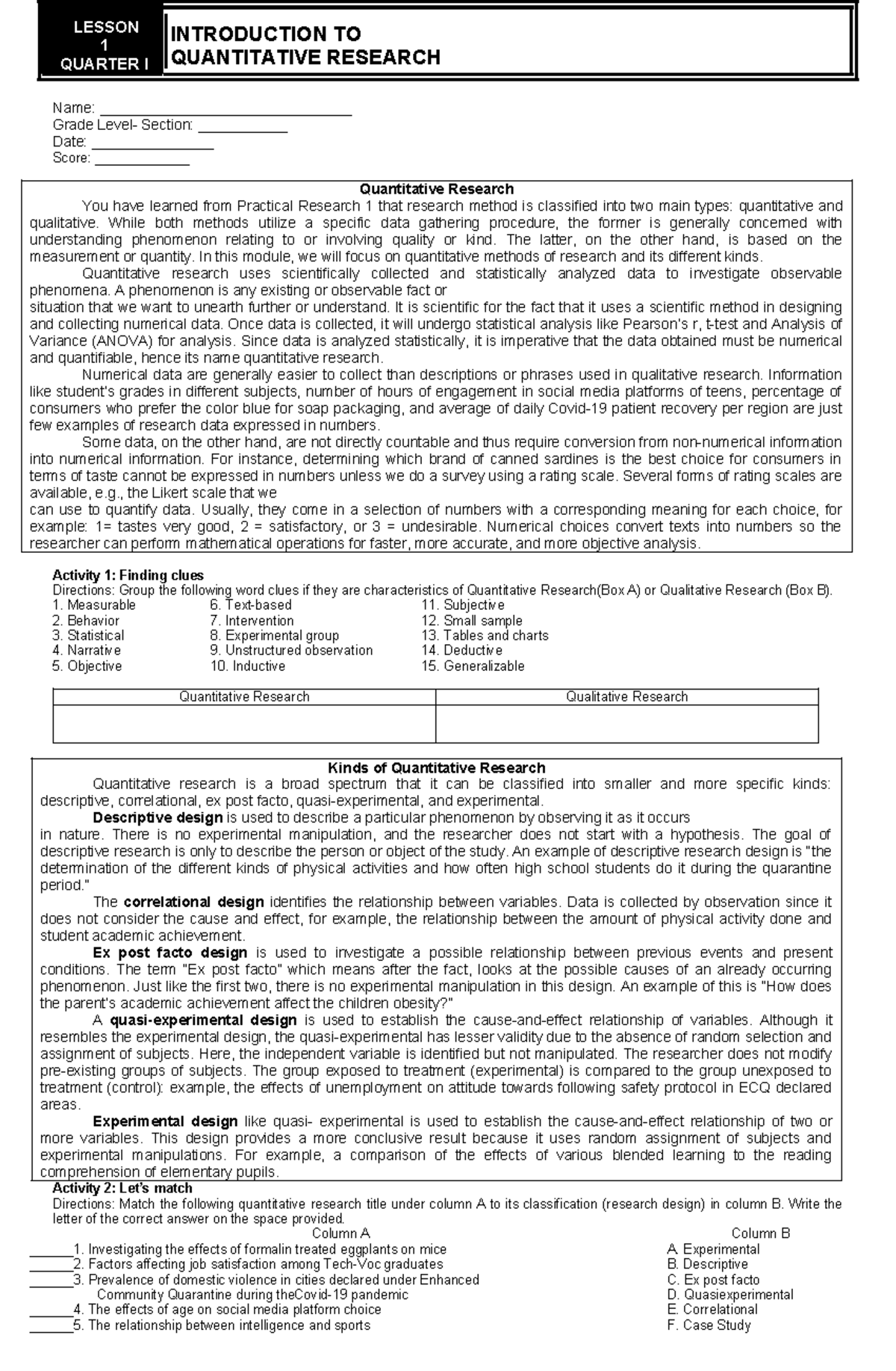 Activity Sheet 1 Q4 RWS - LESSON 1 QUARTER I INTRODUCTION TO ...