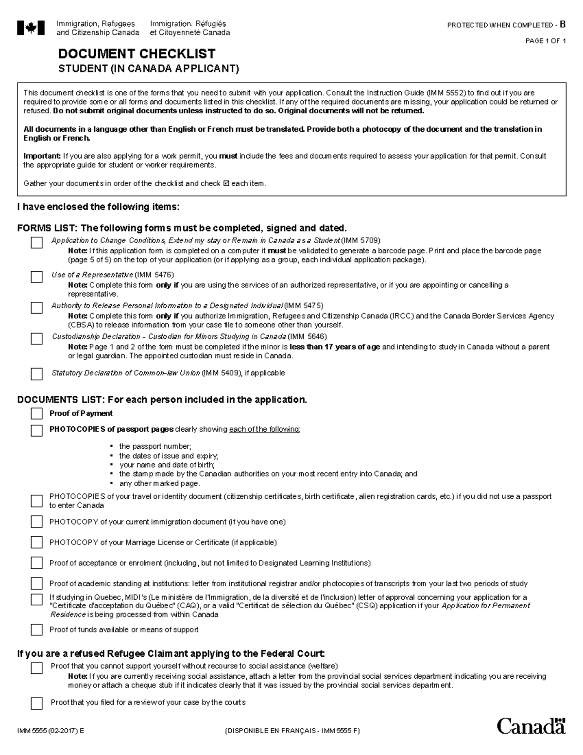 Checklist - checkist of course 1101 - PAGE 1 OF 1 IMM 5555 (02-2017) E ...